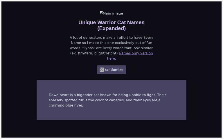 Unique Warrior Cat Names (Expanded) ― Perchance Generator