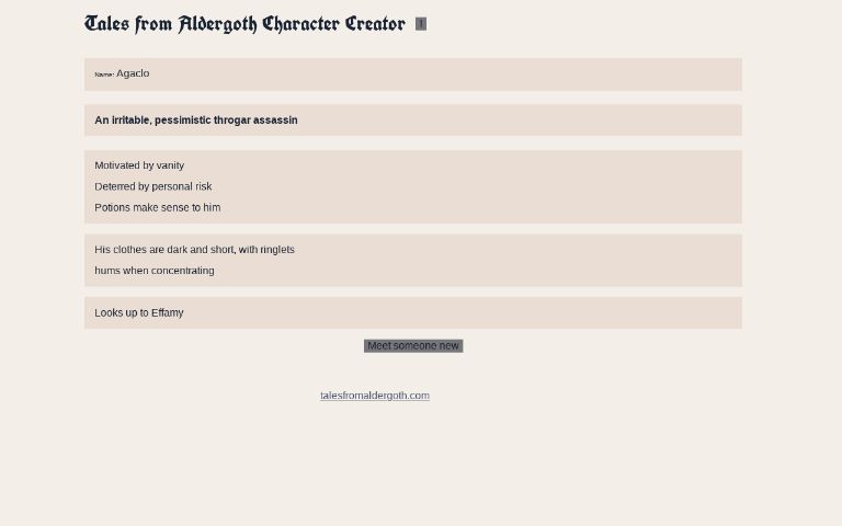 Tales from Aldergoth Character Creator ― Perchance Generator