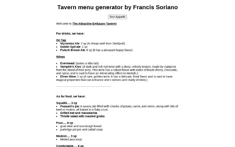 Tavern menu generator
