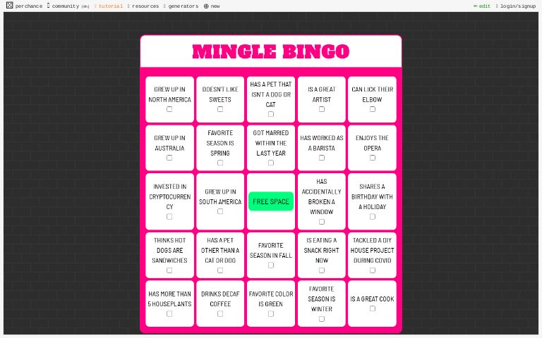 Mingle Bingo ― Perchance Generator