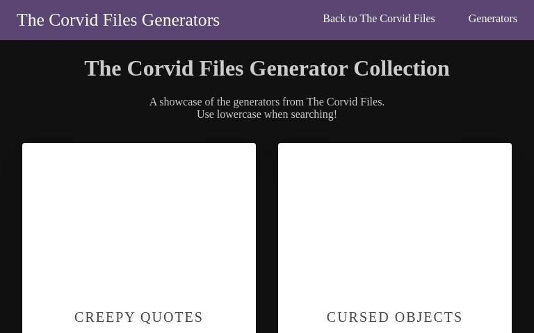 The Corvid Files | Generator Collection