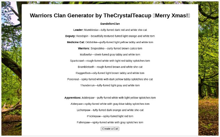Warriors Clan Generator by TheCrystalTeacup 🎄Merry Xmas!🎄