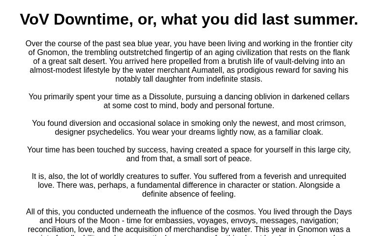 VoV Downtime, or, what you did last summer. ― Perchance Generator