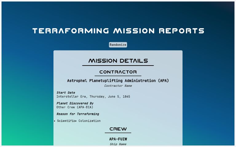 Terraforming Mission Reports ― Perchance Generator