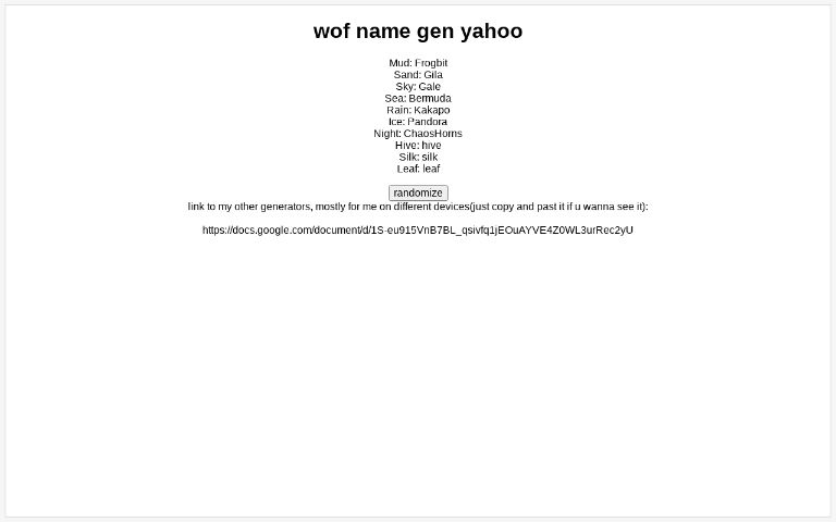 wof name gen yahoo ― Perchance Generator