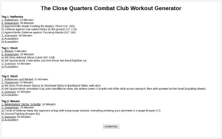 The Close Quarters Combat Club Workout Generator