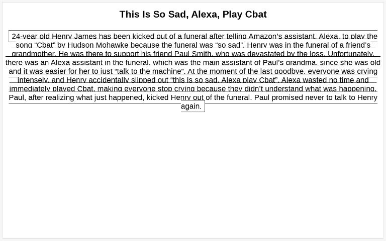 This Is So Sad, Alexa, Play Cbat ― Perchance Generator