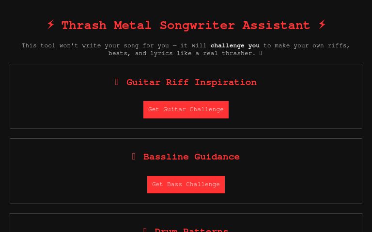 ⚡ Thrash Metal Songwriter Assistant ⚡ ― Perchance Generator