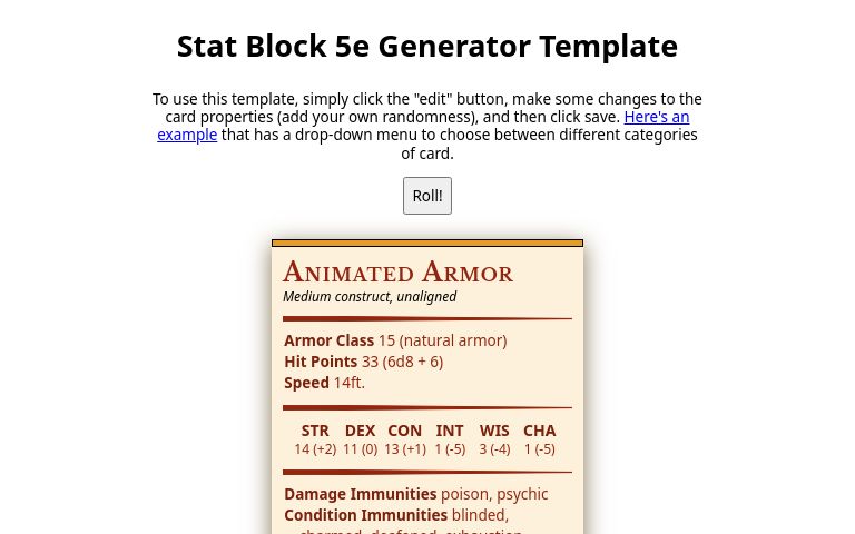 Stat Block 5e Generator Template