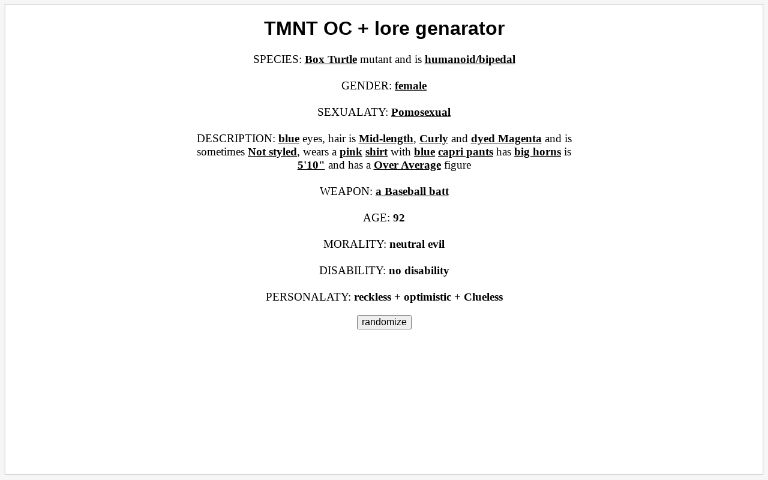 TMNT OC + lore genarator ― Perchance Generator