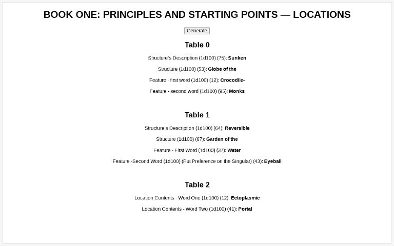 BOOK ONE: PRINCIPLES AND STARTING POINTS — LOCATIONS ― Perchance Generator