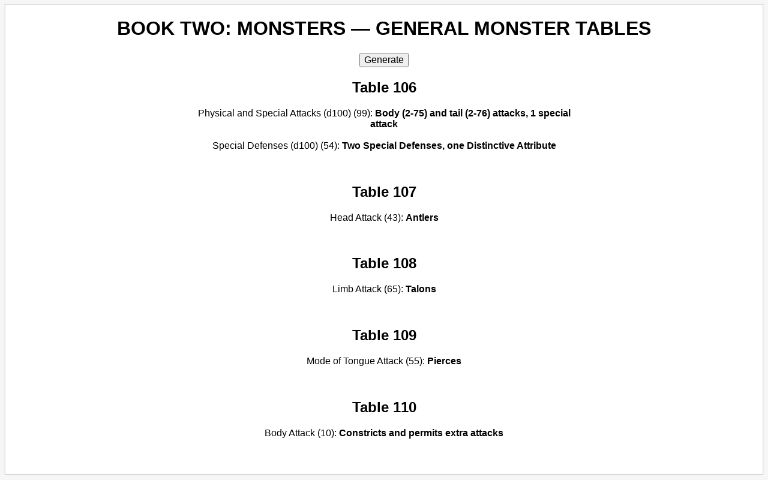 BOOK TWO: MONSTERS — GENERAL MONSTER TABLES