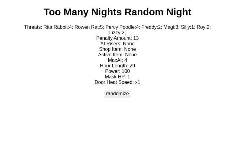 Too Many Nights Random Night ― Perchance Generator