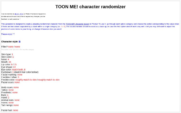 TOON ME! character randomizer ― Perchance Generator
