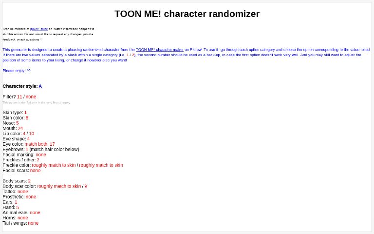TOON ME! character randomizer ― Perchance Generator