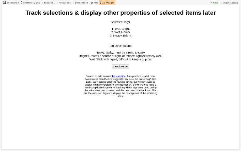 Track selections & display other properties of selected items later ...