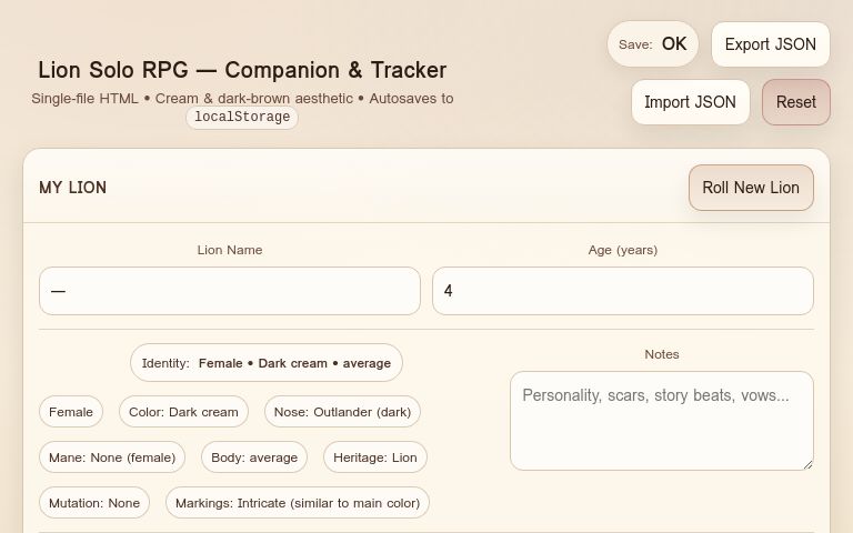 Lion Solo RPG — Companion & Tracker ― Perchance Generator