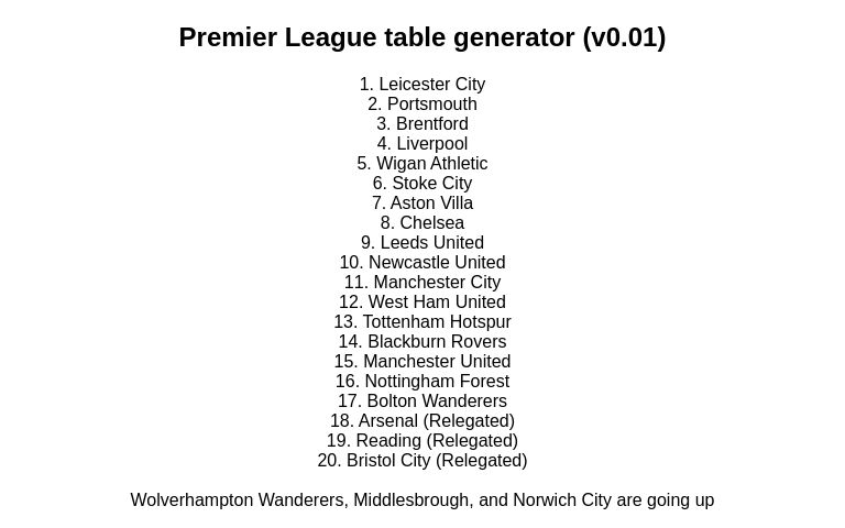 Premier League table generator (v0.01)
