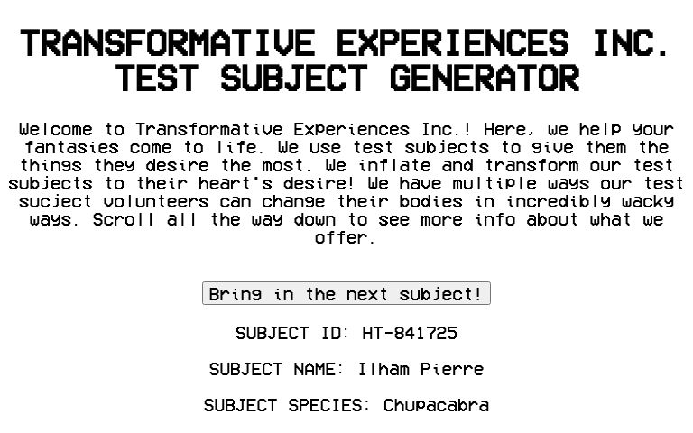 TRANSFORMATIVE EXPERIENCES INC. TEST SUBJECT GENERATOR