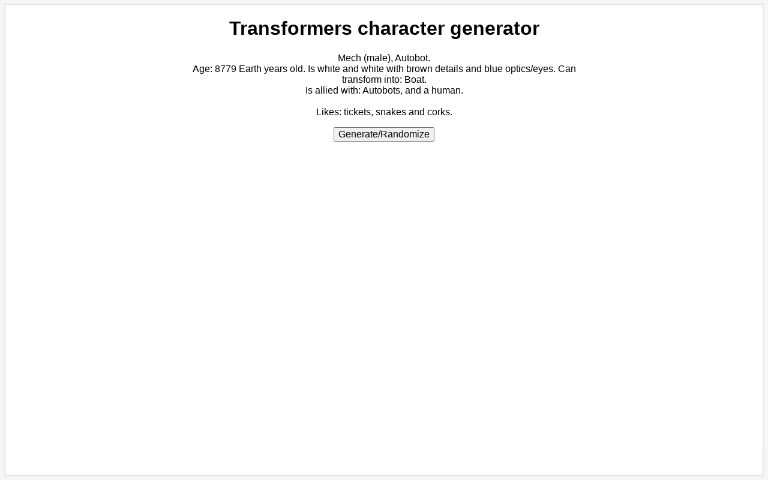 Transformers character generator