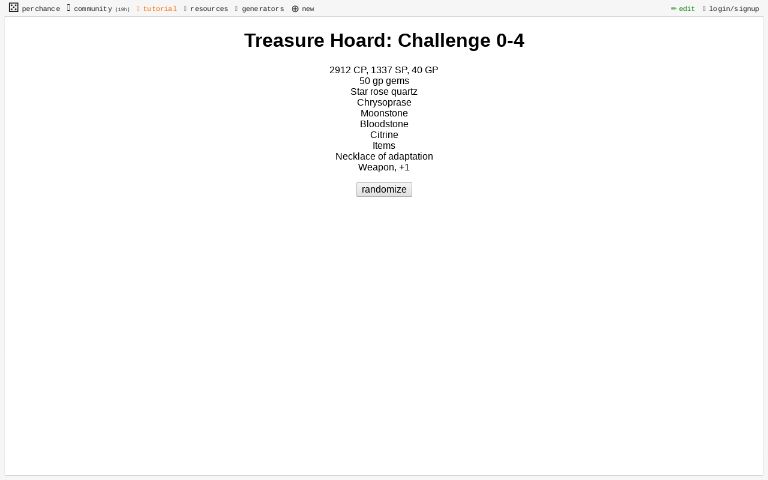 Treasure Hoard: Challenge 0-4 ― Perchance Generator