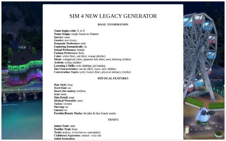 Sim 4 New Legacy Generator