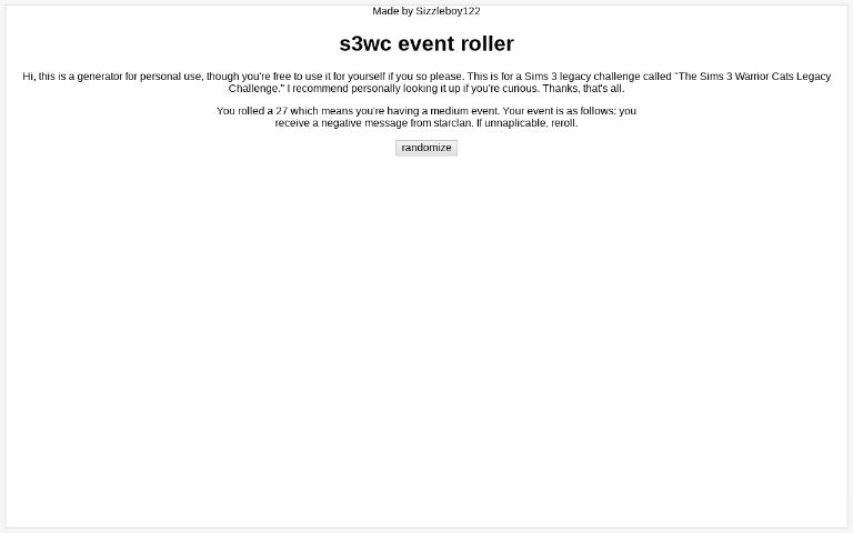 s3wc event roller ― Perchance Generator