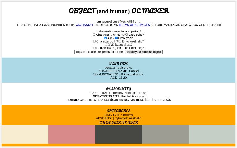 OBJECT (and human) OC MAKER ― Perchance Generator