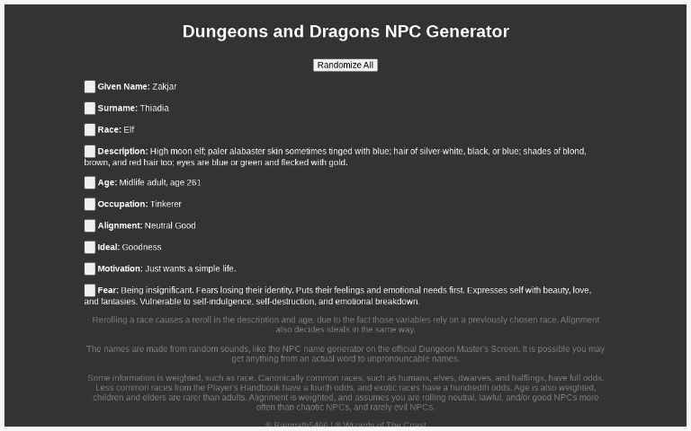 Dungeons and Dragons NPC Generator