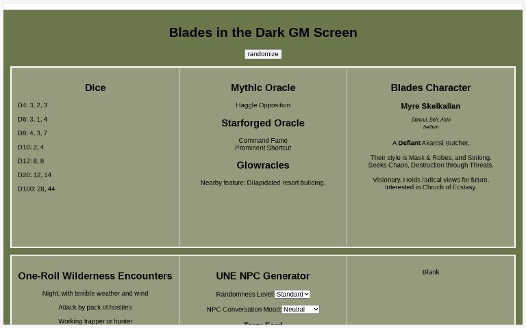 Blades in the Dark GM Screen ― Perchance Generator