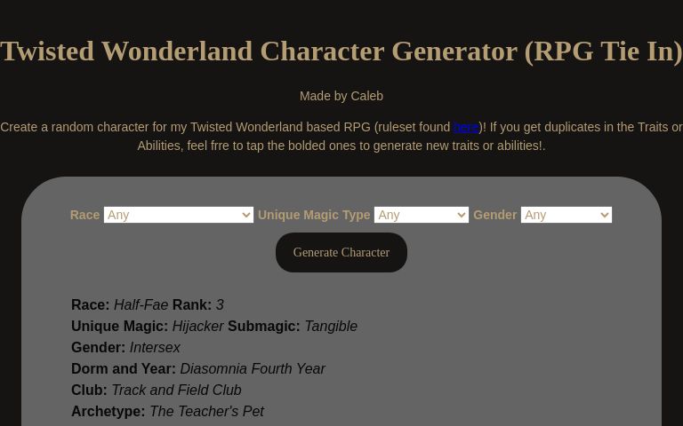 Twisted Wonderland Character Generator (RPG Tie In)