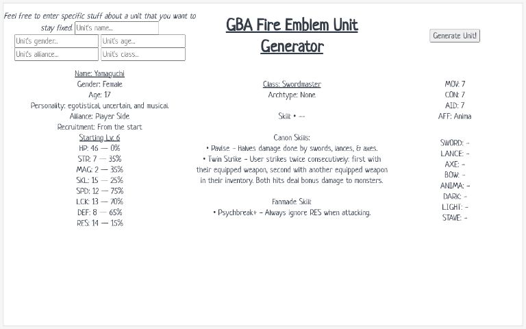 GBA Fire Emblem Unit Generator