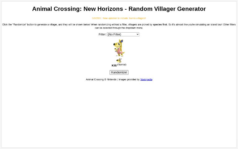 Animal Crossing: New Horizons - Random Villager Generator