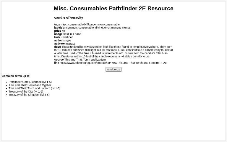 Misc. Consumables Pathfinder 2E Resource ― Perchance Generator