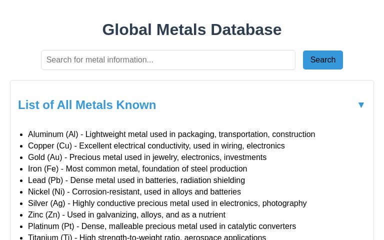 Global Metals Database ― Perchance Generator