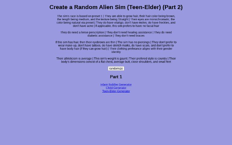 Create a Random Alien Sim (Teen-Elder) (Part 2) ― Perchance Generator