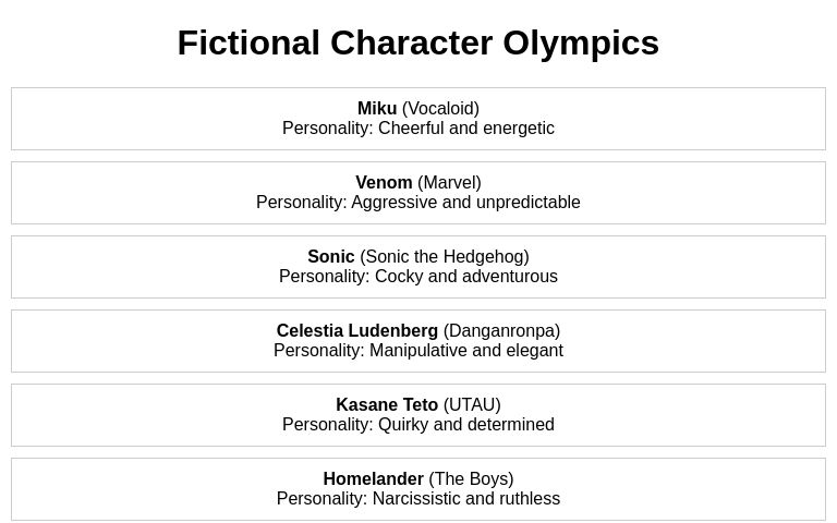Fictional Character Olympics ― Perchance Generator