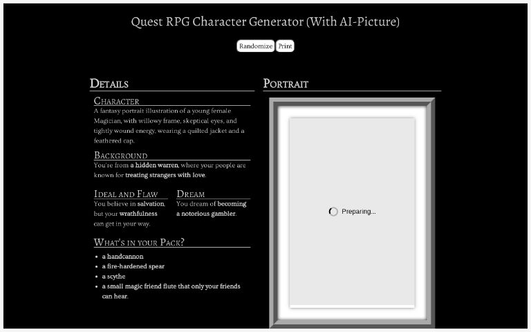 Quest RPG Character Generator (With AI-Picture)