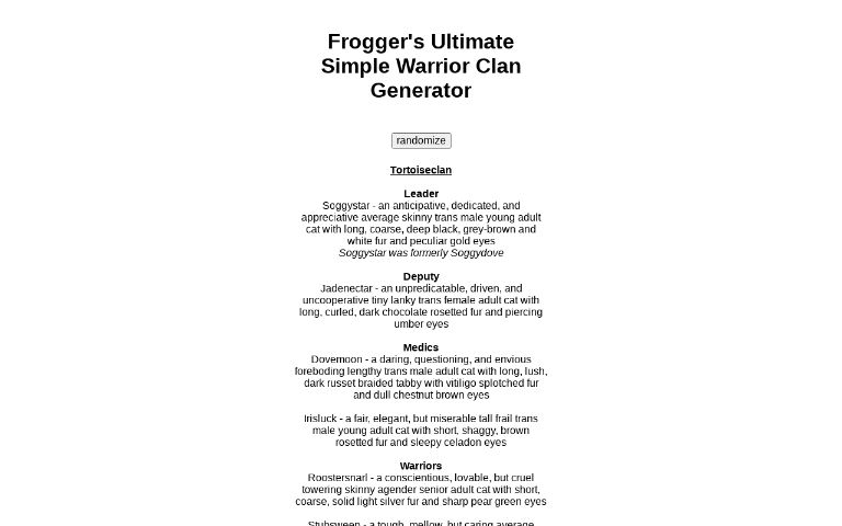 Frogger's Ultimate Simple Warrior Clan Generator