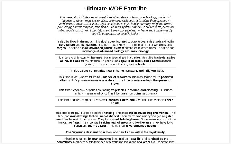 Ultimate WOF Fantribe ― Perchance Generator