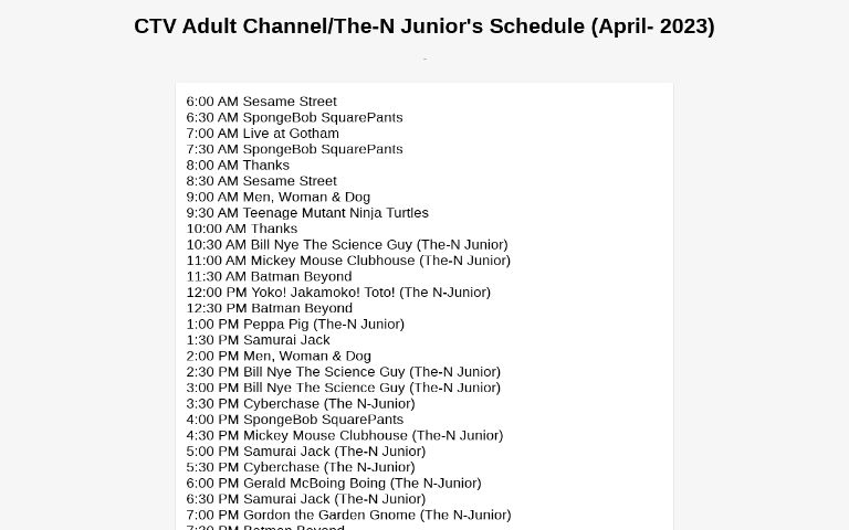CTV Adult Channel/The-N Junior's Schedule (April- 2023) ― Perchance ...