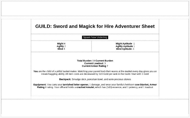 GUILD: Sword and Magick for Hire Adventurer Sheet ― Perchance Generator