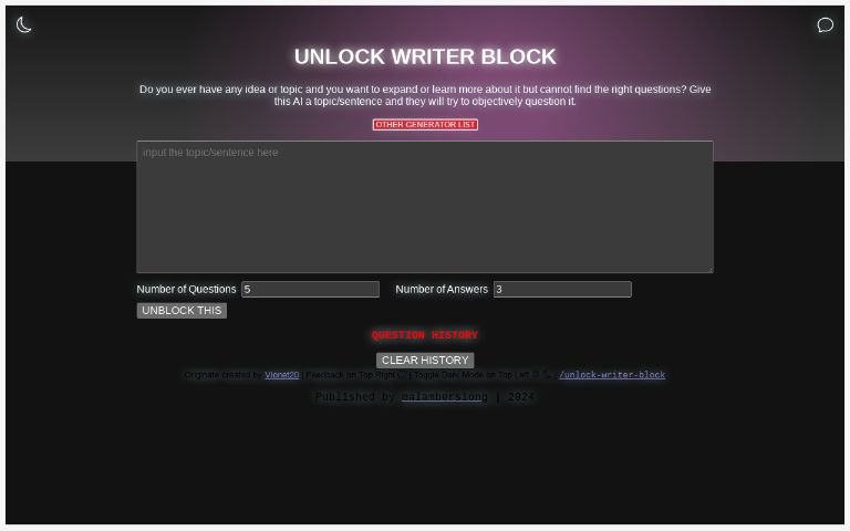 UNLOCK WRITER BLOCK - an AI-based Questioning Tool ― Perchance Generator