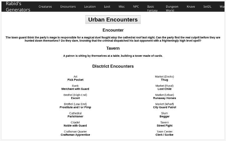 Urban Encounters ― Perchance Generator