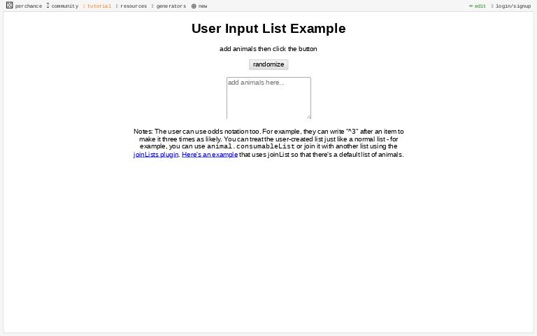 User Input List Example ― Perchance Generator