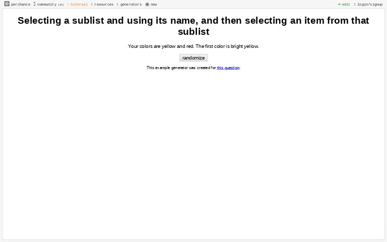 Selecting a sublist and using its name, and then selecting an item from that sublist ― Perchance ...