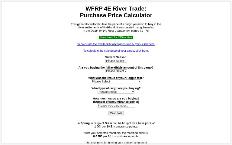 WFRP 4E River Trade:Purchase Price Calculator ― Perchance Generator