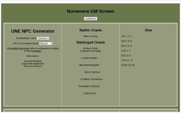 Numenera GM Screen ― Perchance Generator