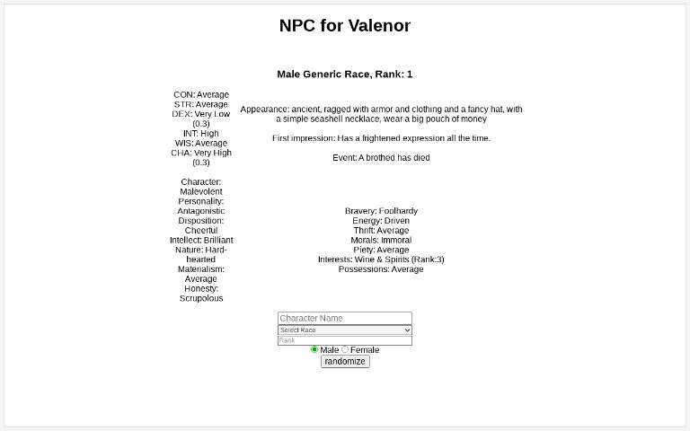 NPC for Valenor ― Perchance Generator