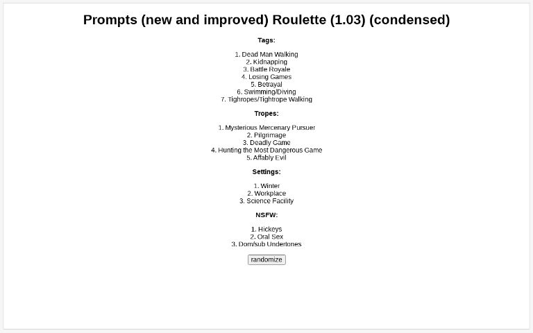 Prompts (new and improved) Roulette (1.03) (condensed) ― Perchance ...